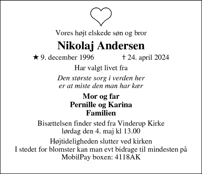 Dødsannonce – Nikolaj Andersen - 7830 Vinderup | Dødsannoncer.dk