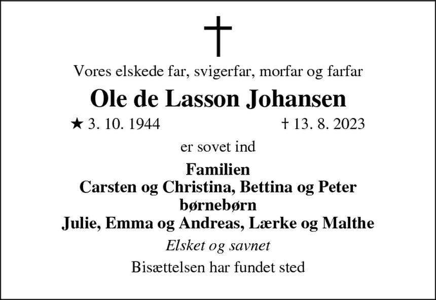 Dødsannonce – Ole de Lasson Johansen - Esbjerg | Dødsannoncer.dk