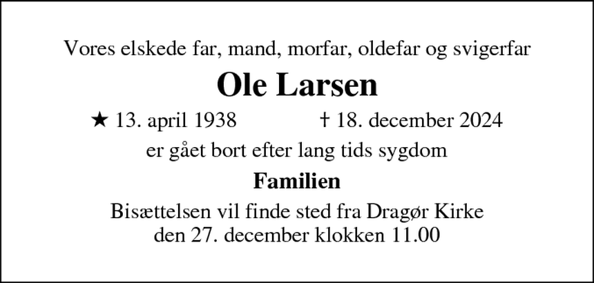 Dødsannonce – Ole Larsen - Roskilde | Dødsannoncer.dk