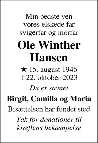 Dødsannonce – Ole Winther Hansen - Slagelse | Dødsannoncer.dk