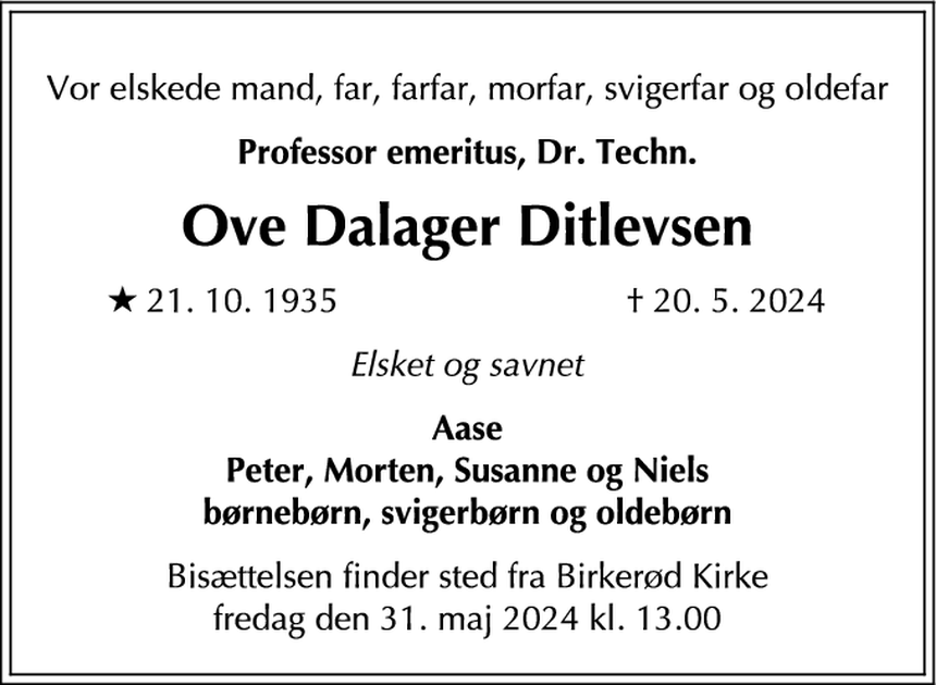 Dødsannonce – Ove Dalager Ditlevsen - Birkerød | Dødsannoncer.dk