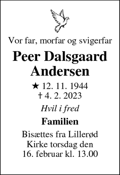 Dødsannonce – Peer Dalsgaard Andersen - Allerød | Dødsannoncer.dk
