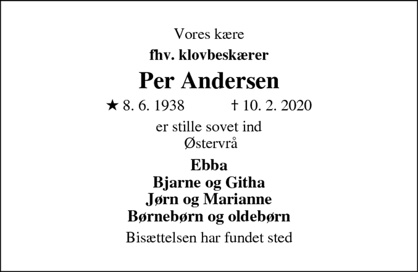 Dødsannonce – Per Andersen - Østervrå | Dødsannoncer.dk