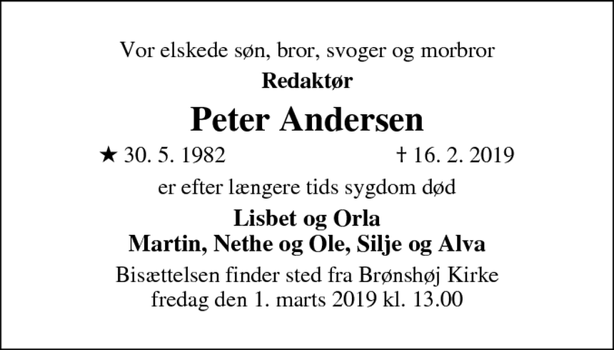 Dødsannonce – Peter Andersen - Brønshøj / København | Dødsannoncer.dk
