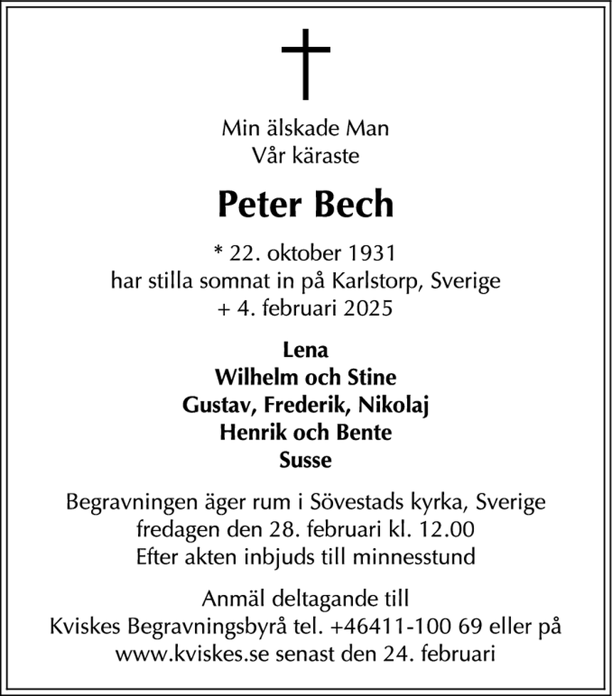 Dødsannonce – Peter Bech - Rungsted | Dødsannoncer.dk