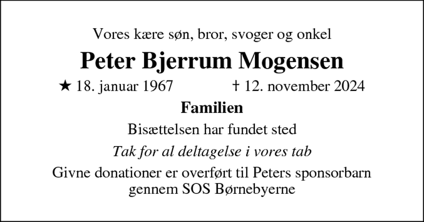 Dødsannonce – Peter Bjerrum Mogensen - Helsingør | Dødsannoncer.dk