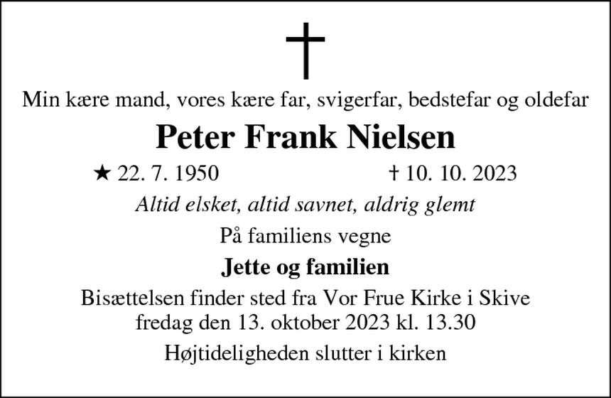Dødsannonce – Peter Frank Nielsen - Lihme | Dødsannoncer.dk