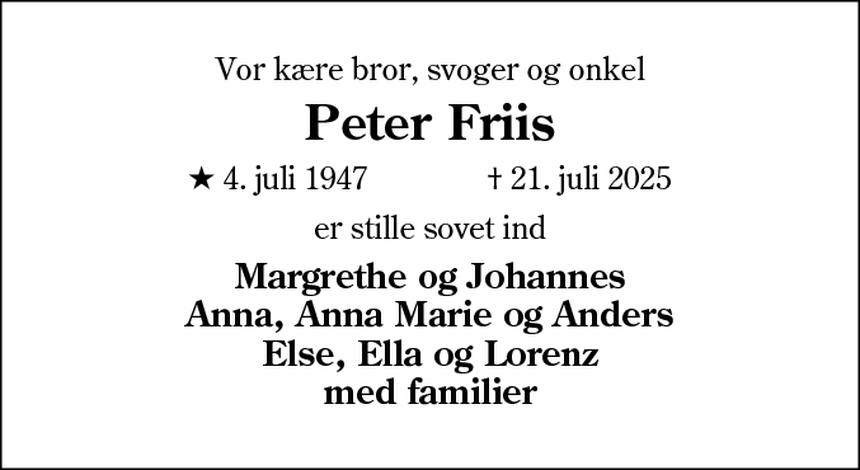 Dødsannonce – Peter Friis - Tønder | Dødsannoncer.dk