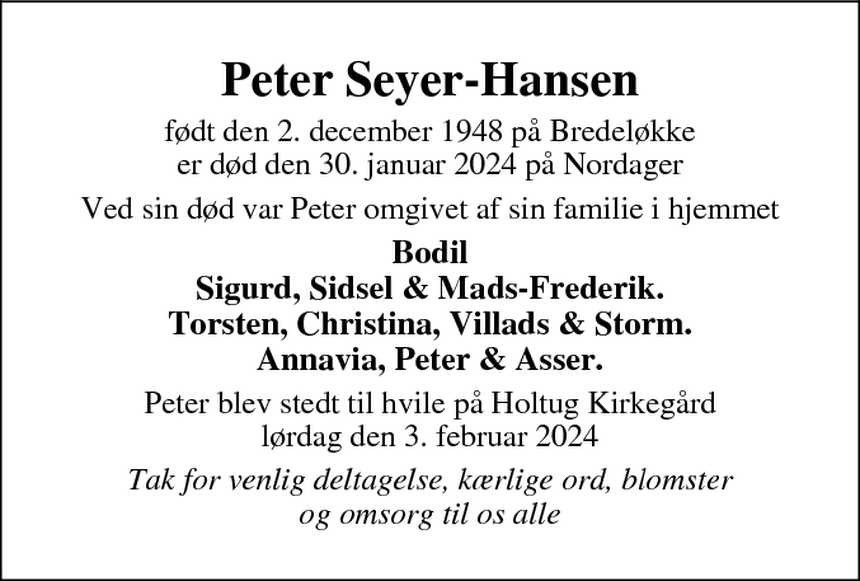 Dødsannonce – Peter Seyer-Hansen - STORE HEDDINGE | Dødsannoncer.dk