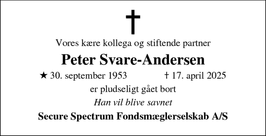 Dødsannonce – Peter Svare-Andersen - Kongens Lyngby | Dødsannoncer.dk