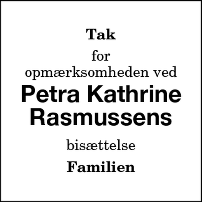 Dødsannonce – Petra Kathrine Rasmussens - Toreby L | Dødsannoncer.dk