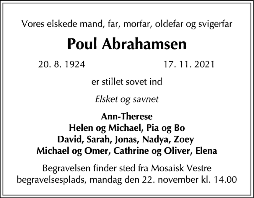 Dødsannonce – Poul Abrahamsen - København | Dødsannoncer.dk
