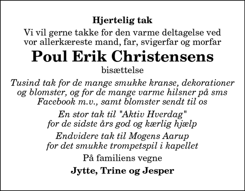 Dødsannonce – Poul Erik Christensen - Sæby | Dødsannoncer.dk