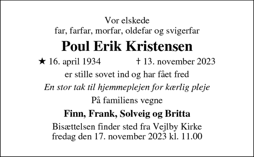 Dødsannonce – Poul Erik Kristensen - Horsens | Dødsannoncer.dk