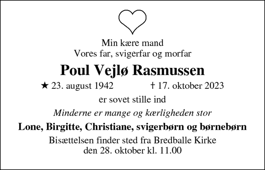 Dødsannonce – Poul Vejlø Rasmussen - Vejle | Dødsannoncer.dk
