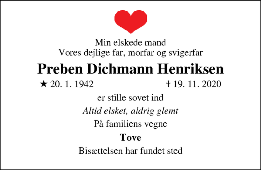 Dødsannonce – Preben Dichmann Henriksen - Kolding | Dødsannoncer.dk