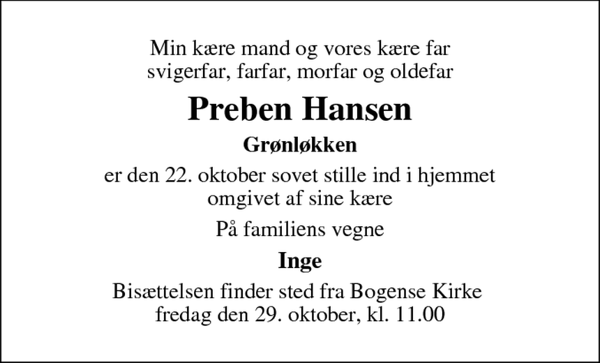 Dødsannonce – Preben Hansen - Bogense | Dødsannoncer.dk