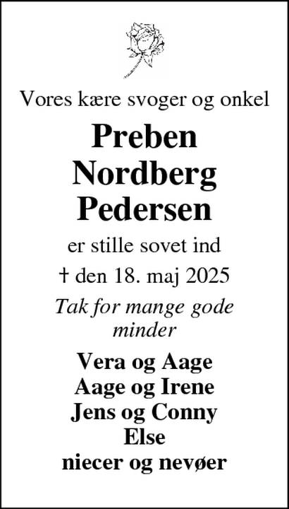 Dødsannonce – Preben Nordberg Pedersen - Oddense | Dødsannoncer.dk