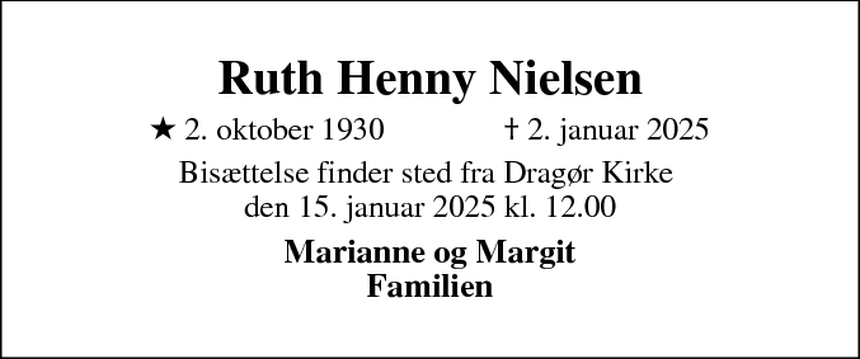 Dødsannonce – Ruth Henny Nielsen - Dragør | Dødsannoncer.dk