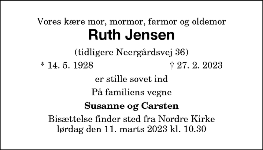 Dødsannonce – Ruth Jensen - hvidovre | Dødsannoncer.dk