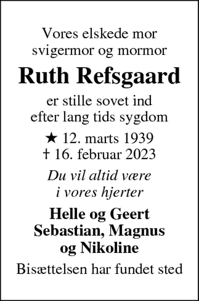 Dødsannonce – Ruth Refsgaard - Birkerød | Dødsannoncer.dk