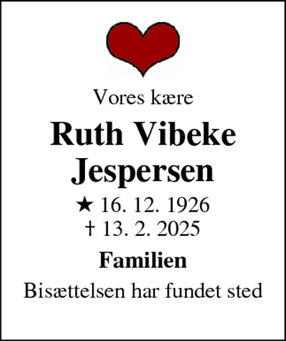 Dødsannonce – Ruth Vibeke Jespersen - Slagelse | Dødsannoncer.dk