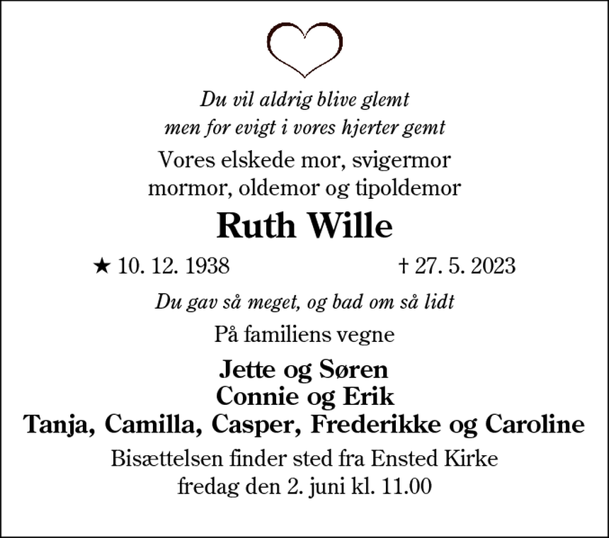 Dødsannonce – Ruth Wille - Aabenraa | Dødsannoncer.dk
