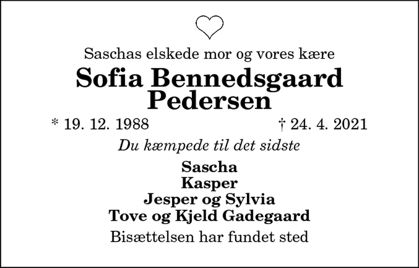 Dødsannonce – Sofia Bennedsgaard Pedersen - Sæby | Dødsannoncer.dk