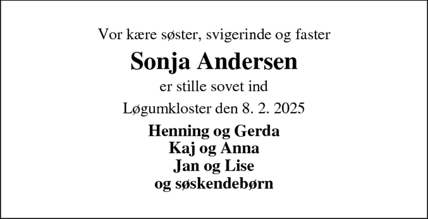 Dødsannonce – Sonja Andersen - Løgumkloster | Dødsannoncer.dk