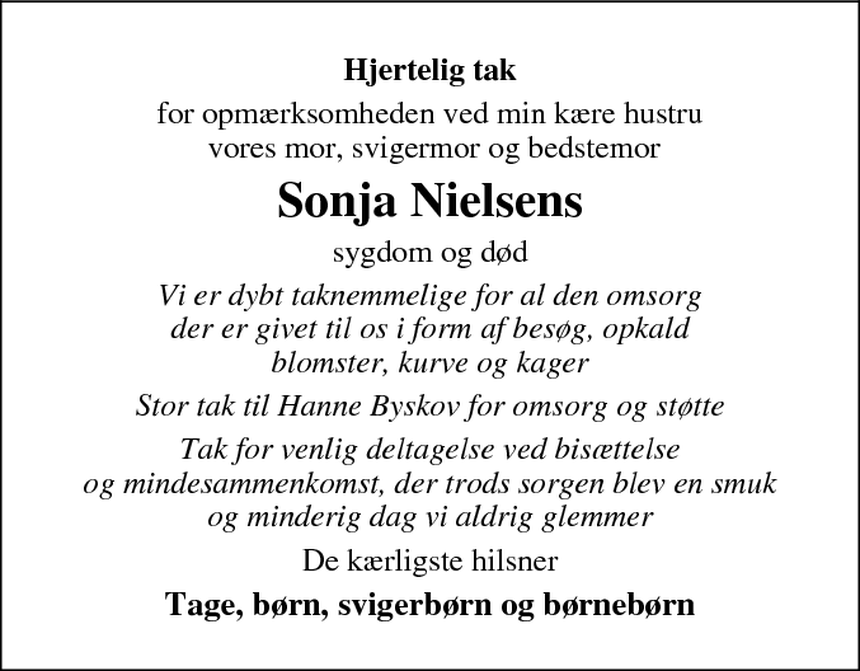 Dødsannonce – Sonja Nielsen - Lem St | Dødsannoncer.dk