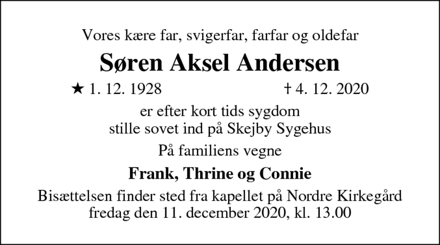 Dødsannonce – Søren Aksel Andersen - Randers | Dødsannoncer.dk