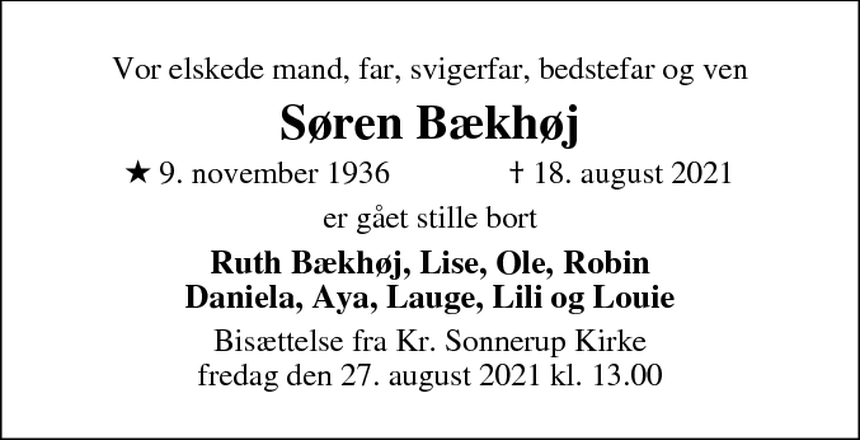 Dødsannonce – Søren Bækhøj - kr Såby | Dødsannoncer.dk