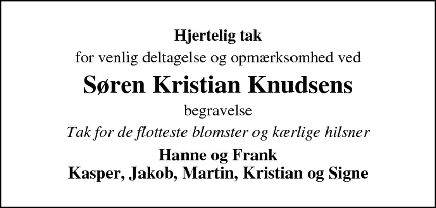 Dødsannonce – Søren Kristian Knudsens - Voerladegård | Dødsannoncer.dk