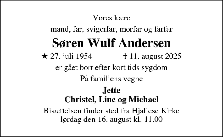 Dødsannonce – Søren Wulf Andersen - Odense | Dødsannoncer.dk