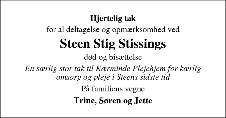 Dødsannonce – Steen Stig Stissing - Stouby | Dødsannoncer.dk