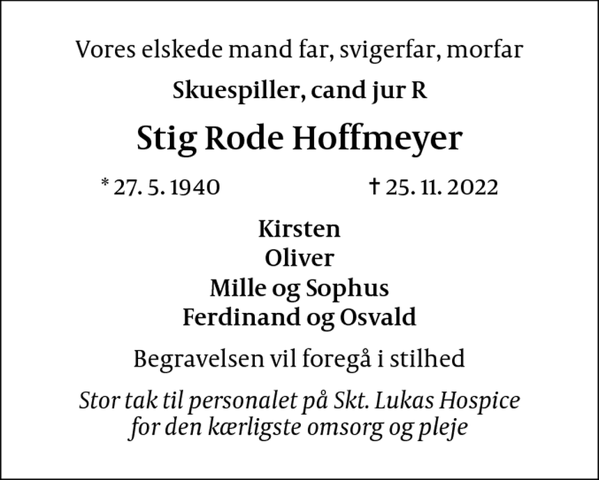 Dødsannonce – Stig Rode Hoffmeyer - Hillerød | Dødsannoncer.dk