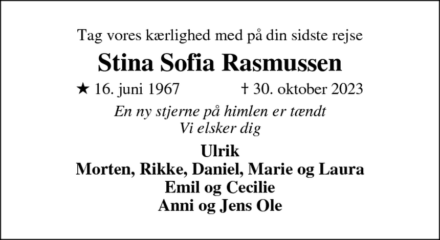 Dødsannonce – Stina Sofia Rasmussen - Kolding | Dødsannoncer.dk