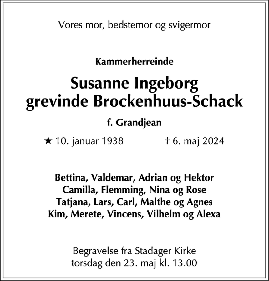 Dødsannonce – Susanne Ingeborg grevinde Brockenhuus-Schack - Nykøbing ...