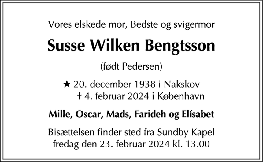 Dødsannonce – Susse Wilken Bengtsson - København S | Dødsannoncer.dk