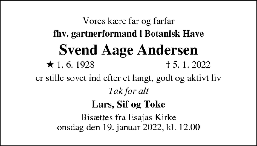 Dødsannonce – Svend Aage Andersen - København Ø | Dødsannoncer.dk