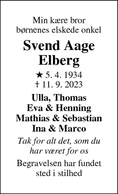 Dødsannonce – Svend Aage Elberg - Aabenraa | Dødsannoncer.dk