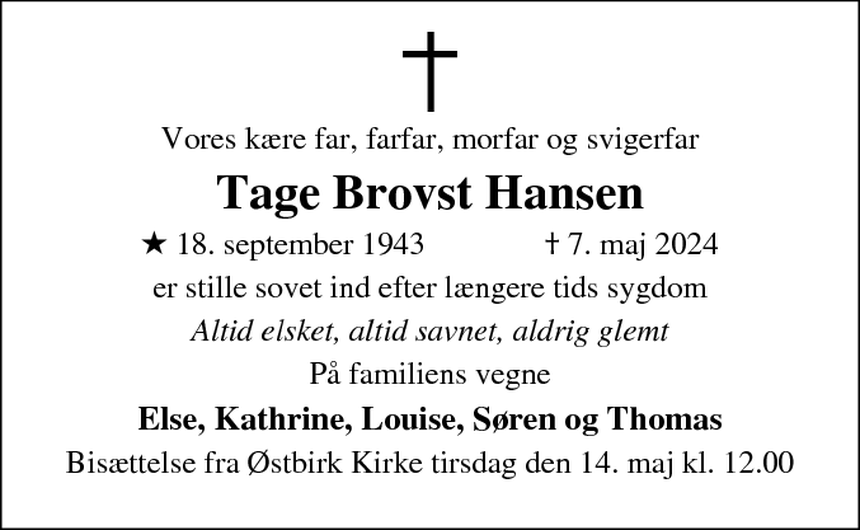 Dødsannonce – Tage Brovst Hansen - Højbjerg | Dødsannoncer.dk