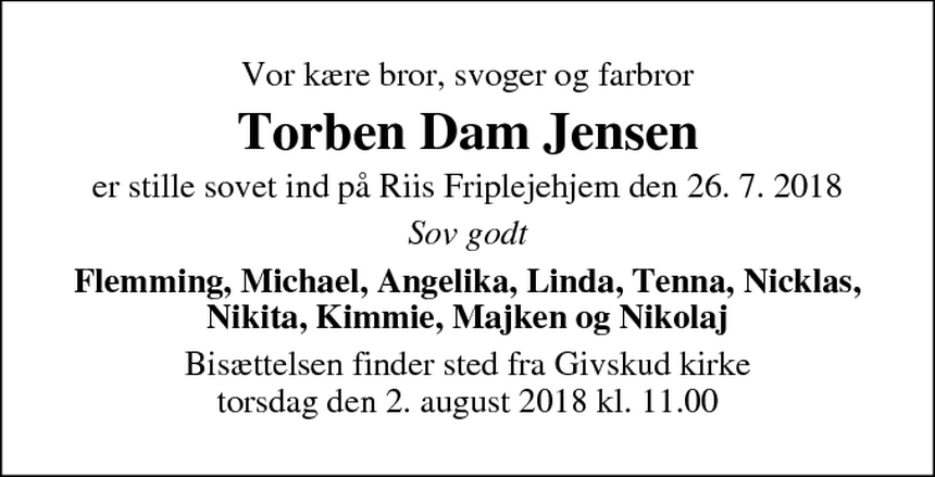 Dødsannonce – Torben Dam Jensen - Riis, 7323 Give | Dødsannoncer.dk