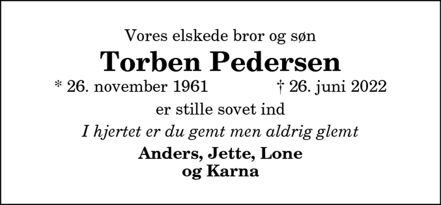 Dødsannonce – Torben Pedersen - Thisted | Dødsannoncer.dk