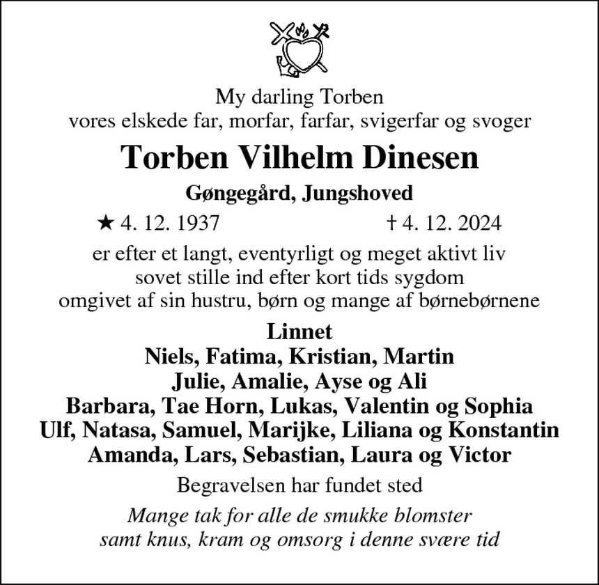 Dødsannonce – Torben Vilhelm Dinesen - Jungshoved | Dødsannoncer.dk