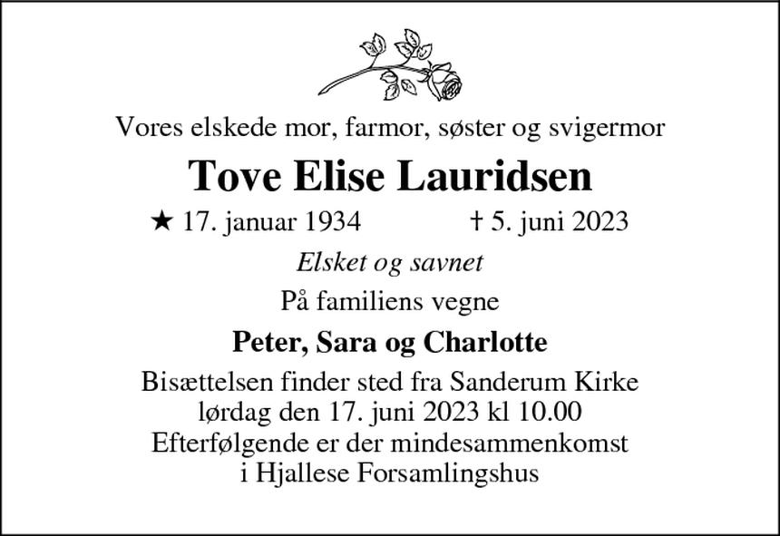 Dødsannonce – Tove Elise Lauridsen - Odense | Dødsannoncer.dk