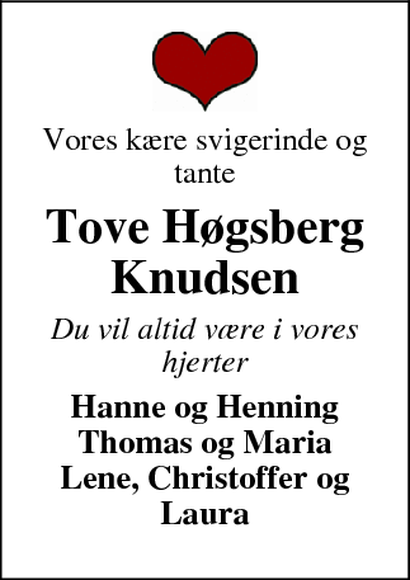 Dødsannonce – Tove Høgsberg Knudsen - Vejle | Dødsannoncer.dk