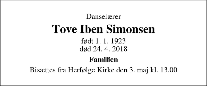 Dødsannonce – Tove Iben Simonsen - Køge/Herfølge | Dødsannoncer.dk
