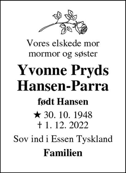 Dødsannonce – Yvonne Pryds Hansen-Parra - Essen Tyskland | Dødsannoncer.dk