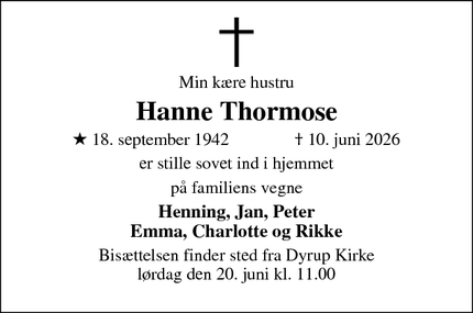 Dødsannonce – Hanne Thormose - Odense | Dødsannoncer.dk